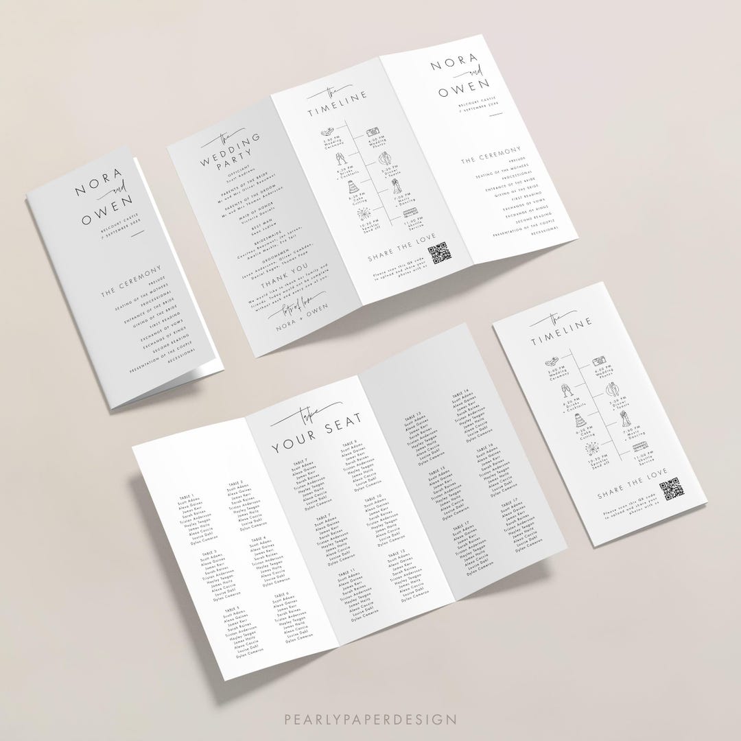Trifold Wedding Program Template With Seating Chart, Folded Order of ...