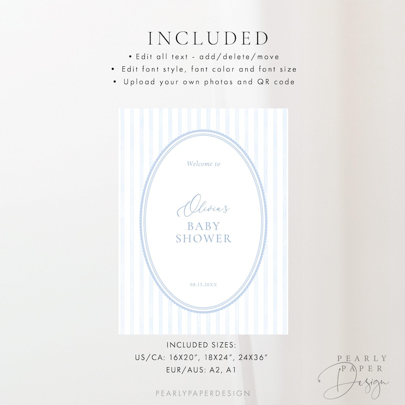Blue Striped Baby Shower Welcome Sign Template (canva) - Etsy