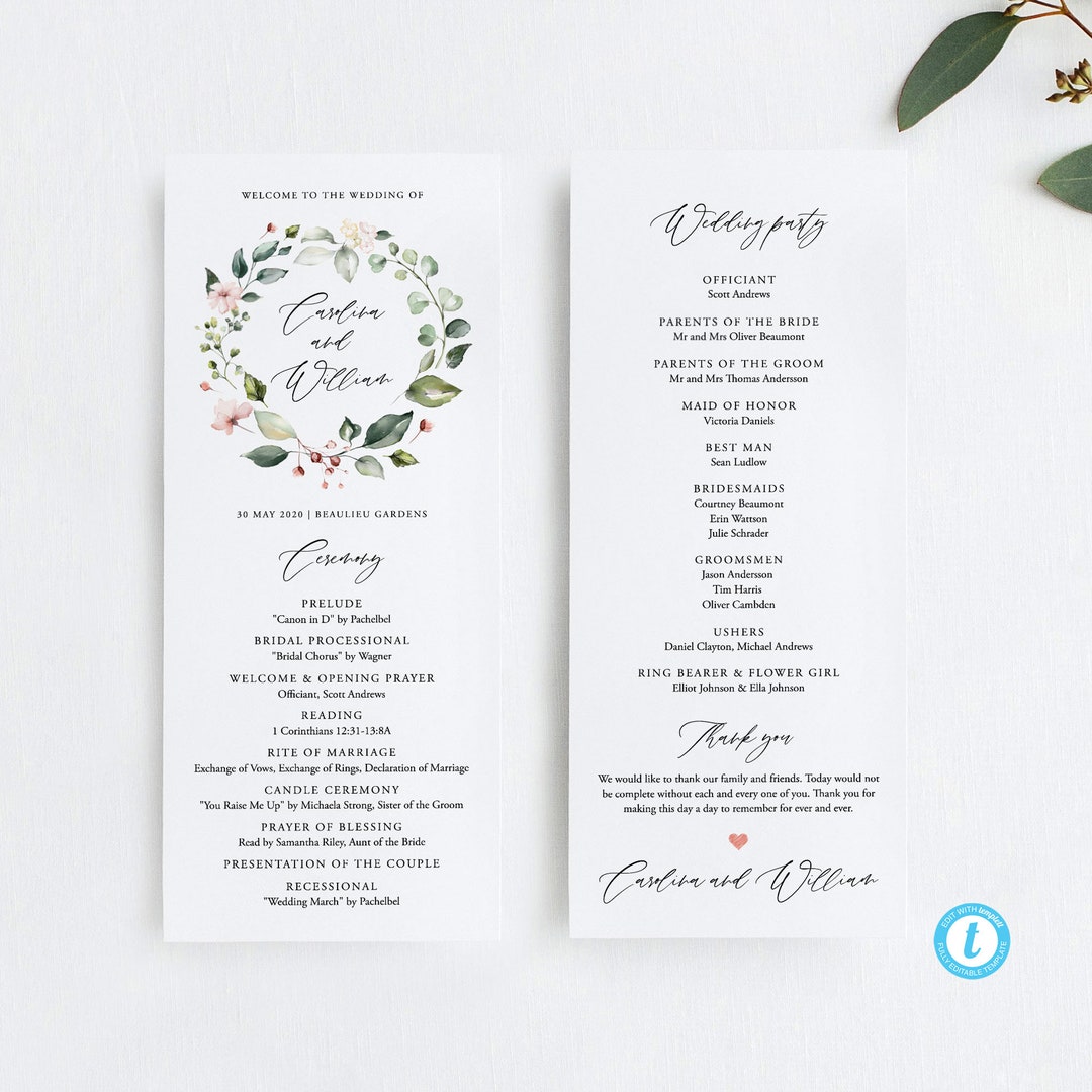 Printable Wedding Ceremony Program Template Floral Program Template ...