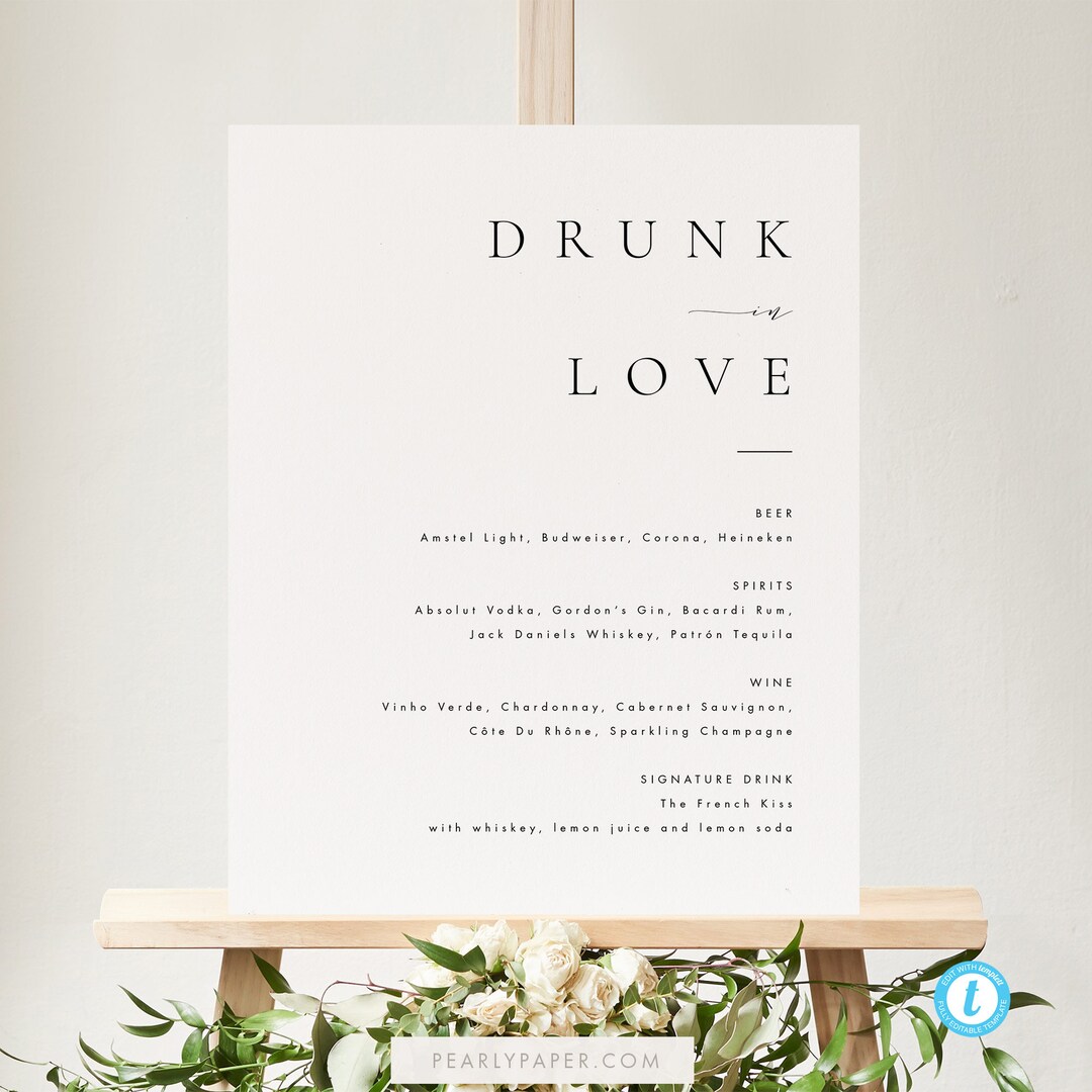 Modern Bar Menu Sign Template Templett Drunk in Love Minimalist Bar ...