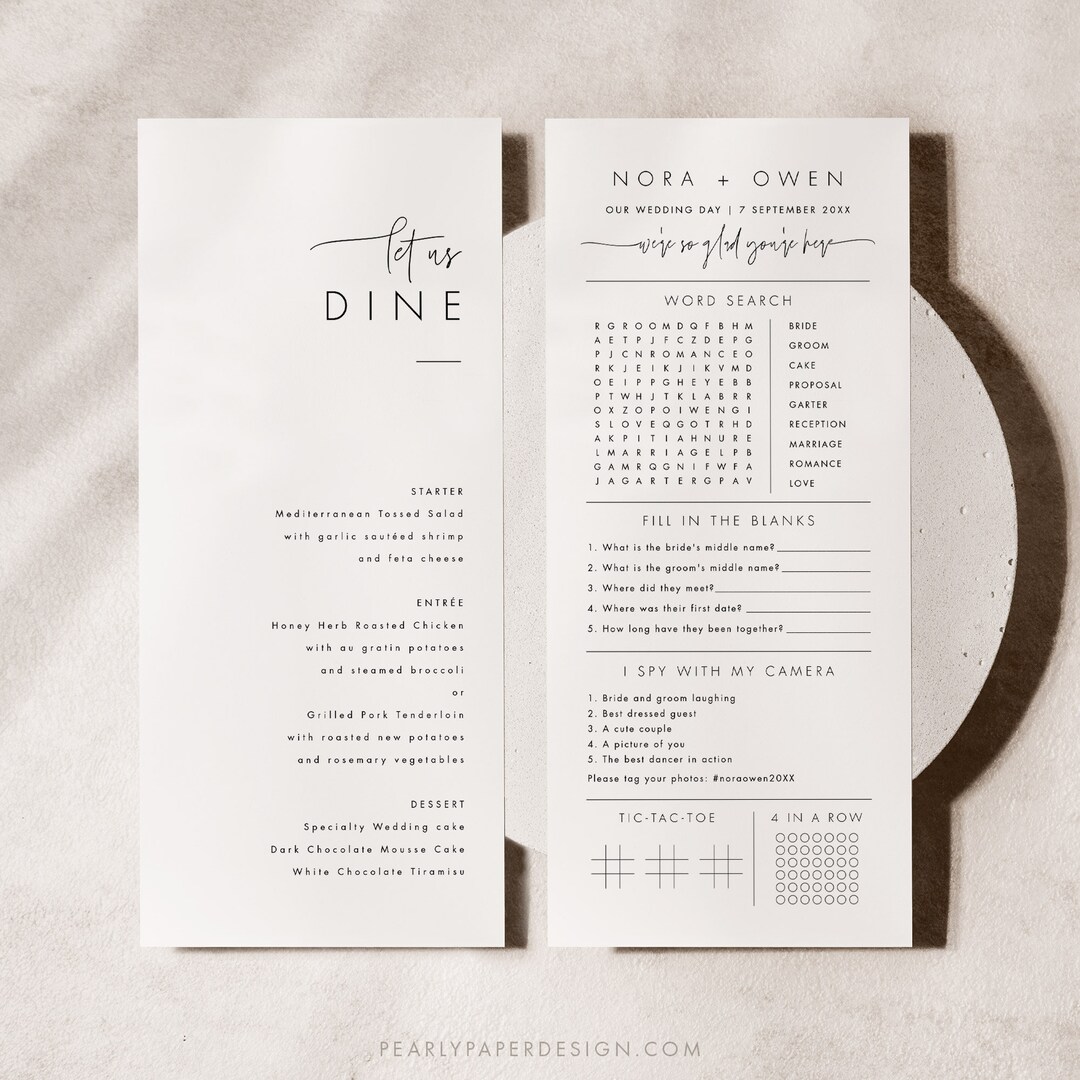 Minimalist Wedding Menu Activity Game Template, Classic Wedding Game ...
