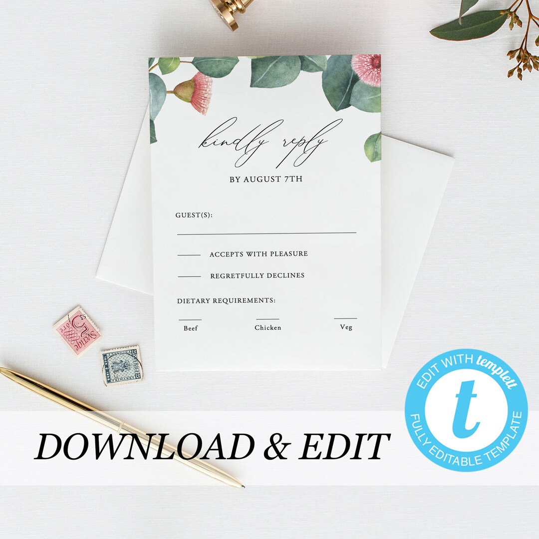 Rustic RSVP Card Template, RSVP Wedding Insert, Printable Eucalyptus ...