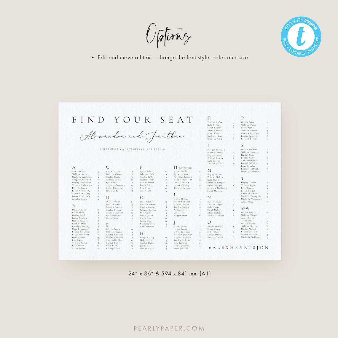Alphabetical Seating Chart Template Download Minimalist - Etsy