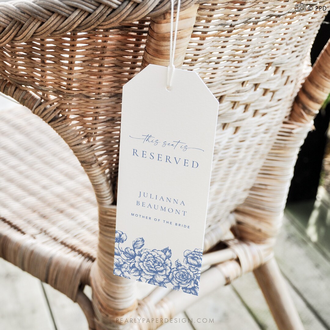Blue Floral Wedding Seating Tag, Reserved Seating Template, Toile Chair ...