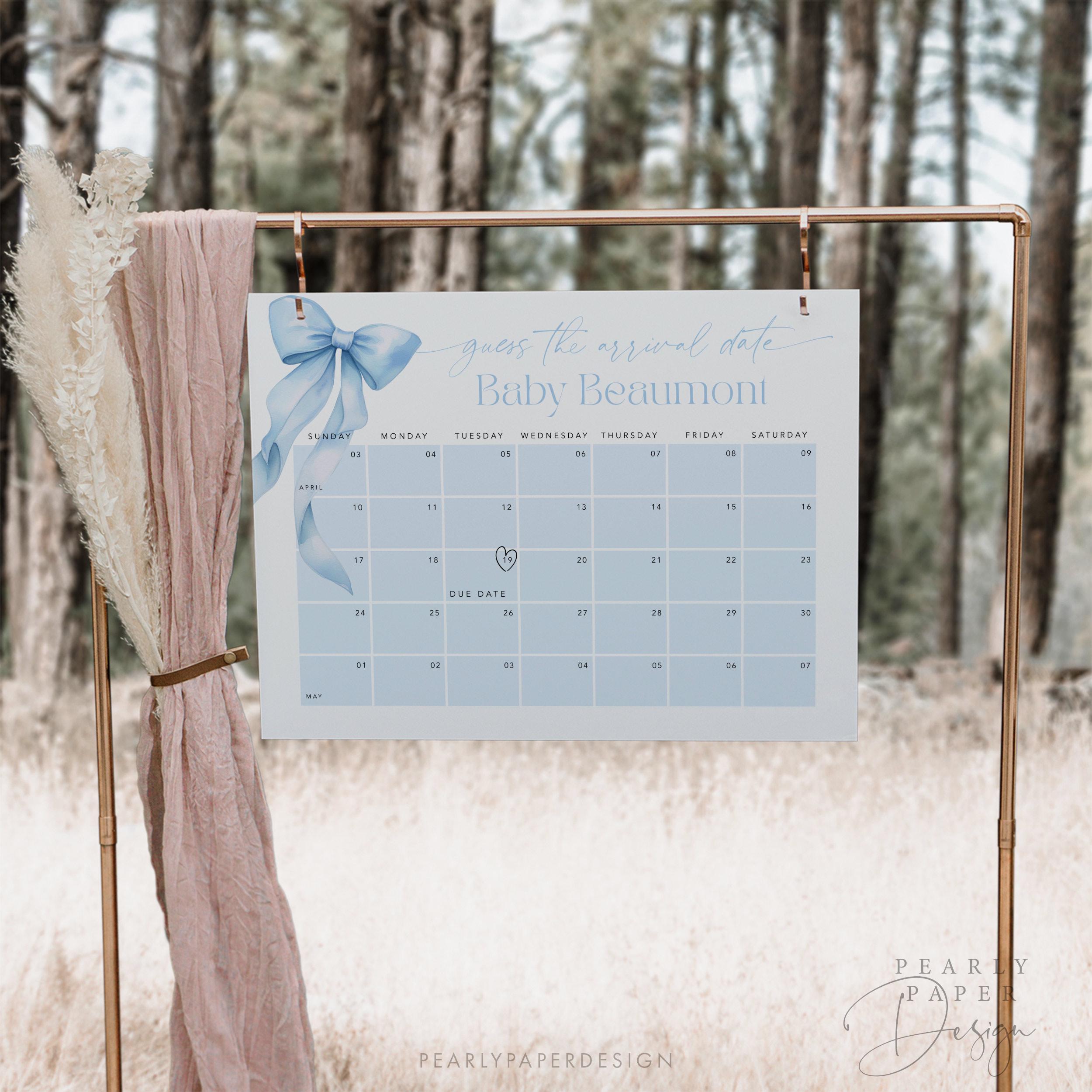 Blue Bow Due Date Calendar Sign Template, Coquette Baby Shower Calendar ...