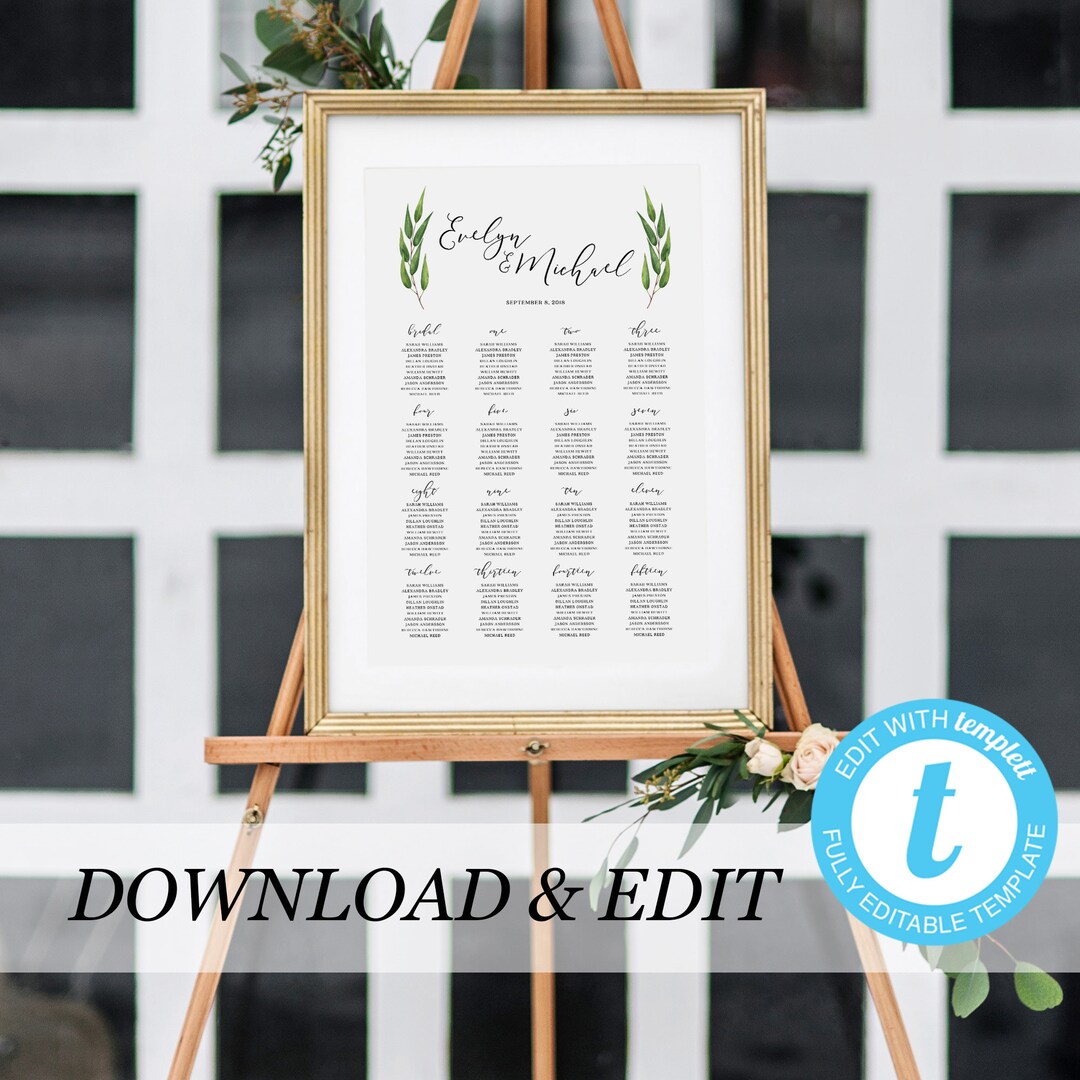Greenery Seating Chart Template Green Leaves Seating Chart - Etsy
