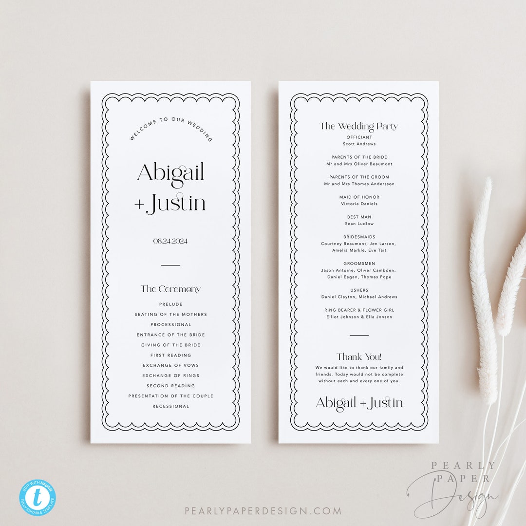 Retro Wedding Ceremony Program Template, Scalloped Frame Program ...