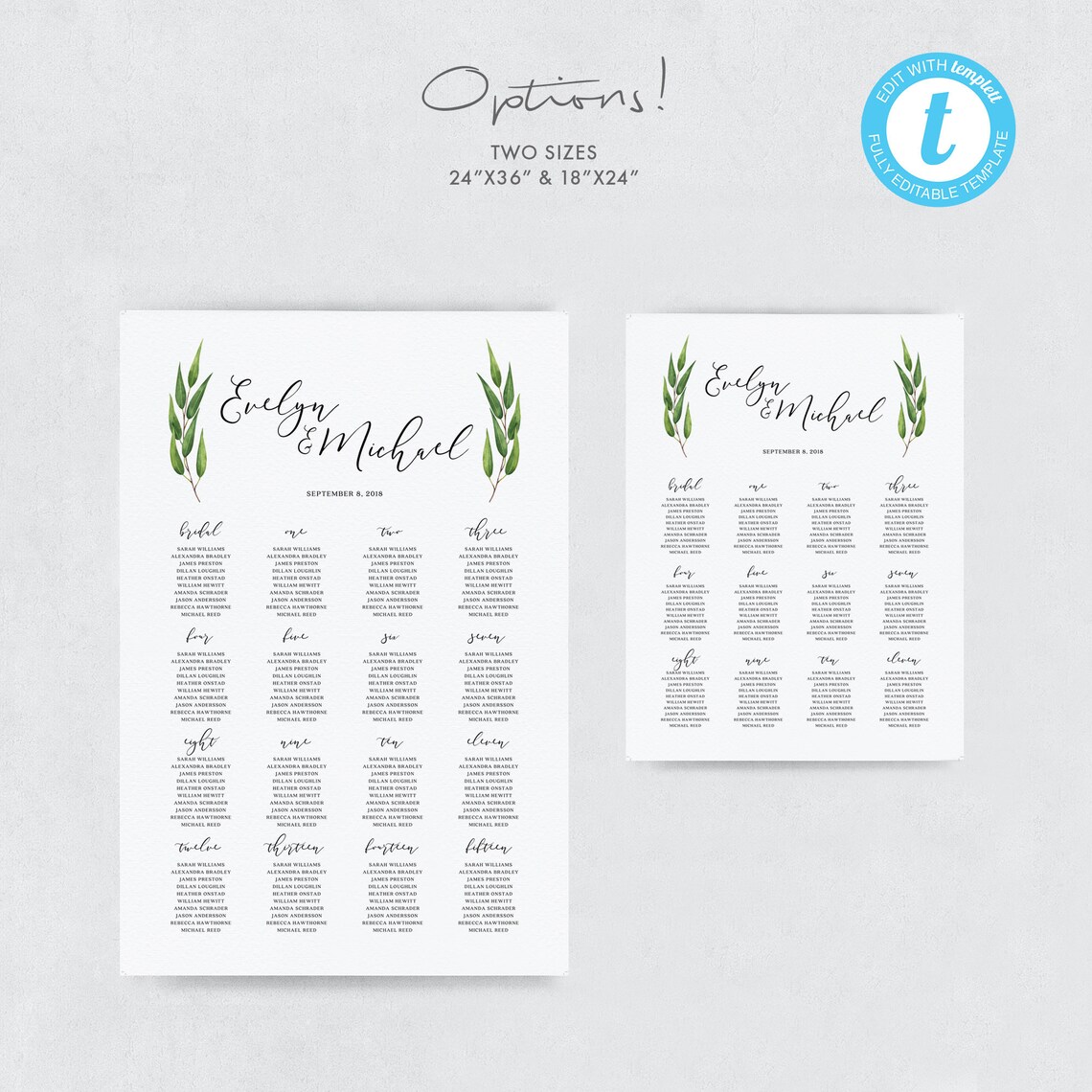 Greenery Seating Chart Template Green Leaves Seating Chart - Etsy