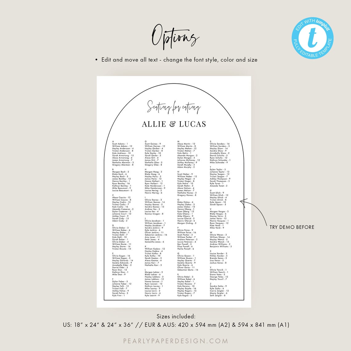 Arch Alphabetical Seating Chart Template Modern Arch Seating ...