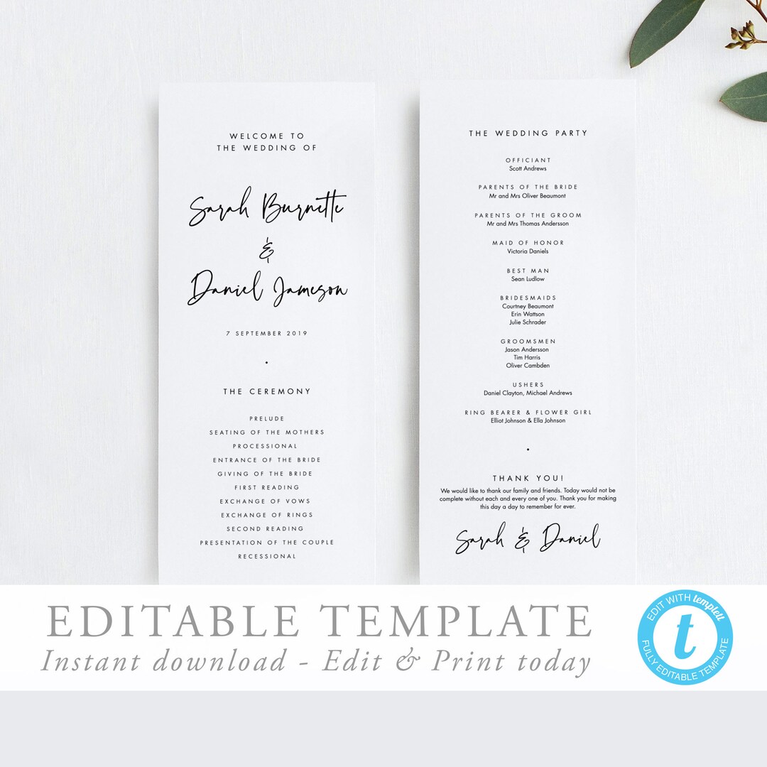 Wedding Ceremony Program Simple Program Template Modern Wedding Order ...