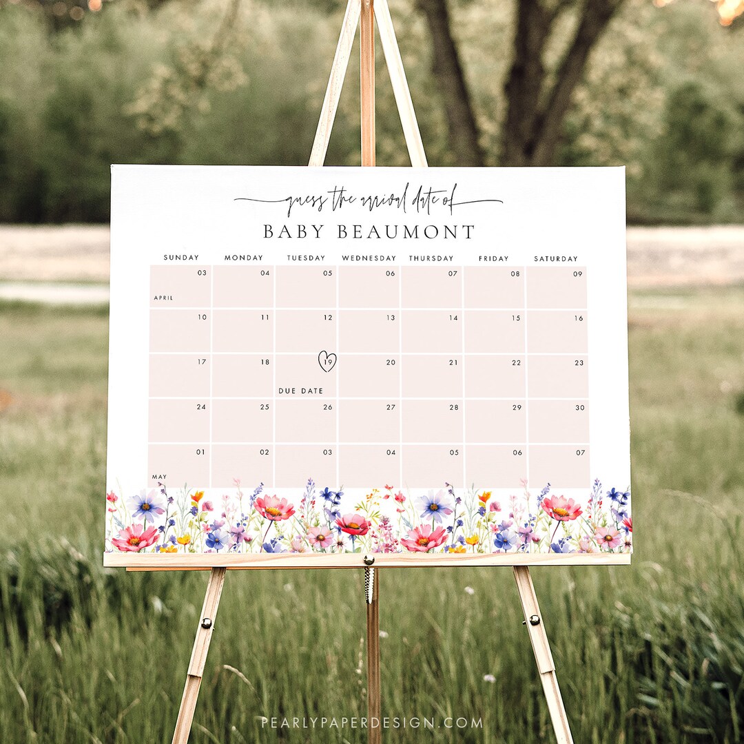 Wildflower Due Date Calendar Sign Template, Boho Baby Shower Calendar ...