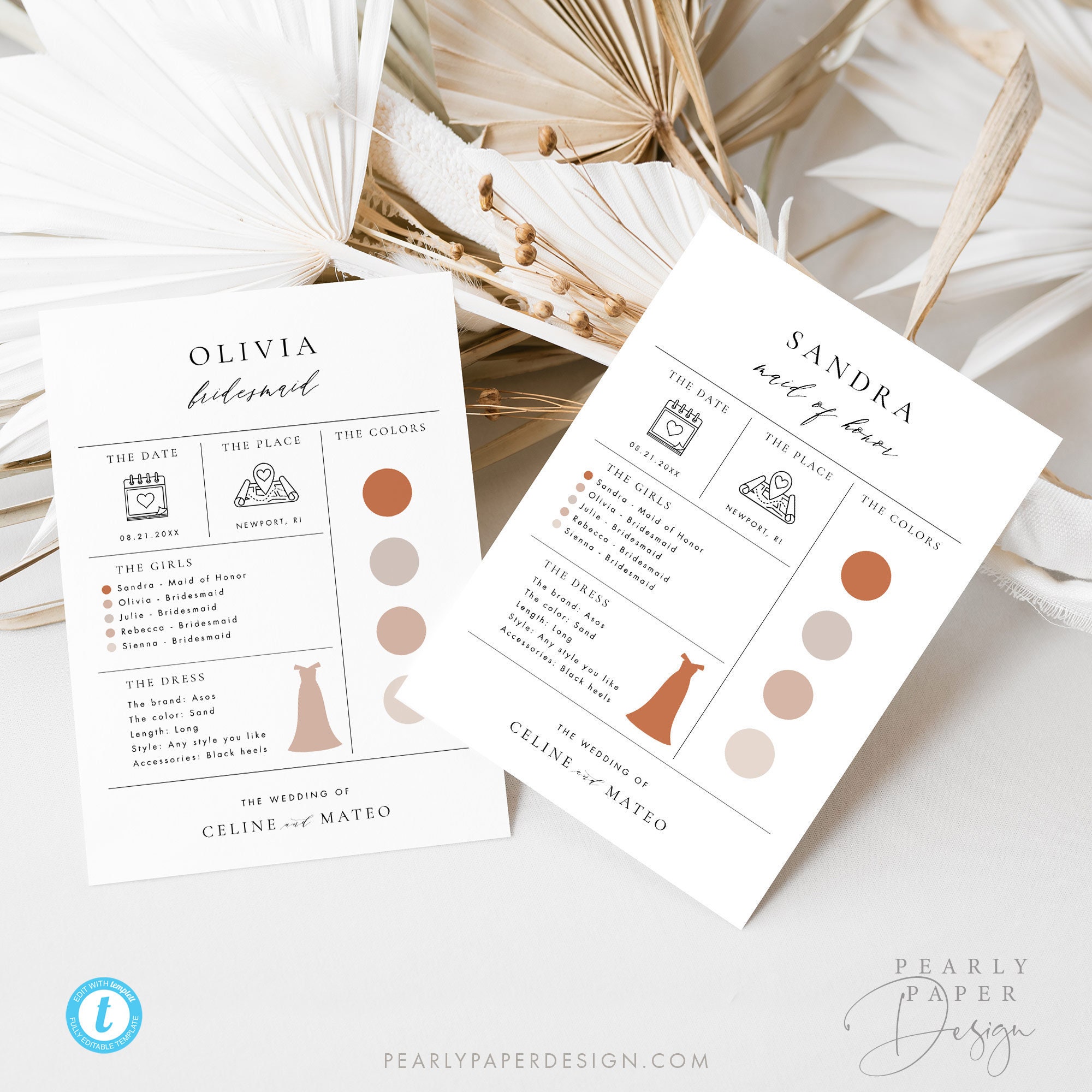 Bridesmaid Info Card Template, Modern Bridal Party Info Card, Wedding ...