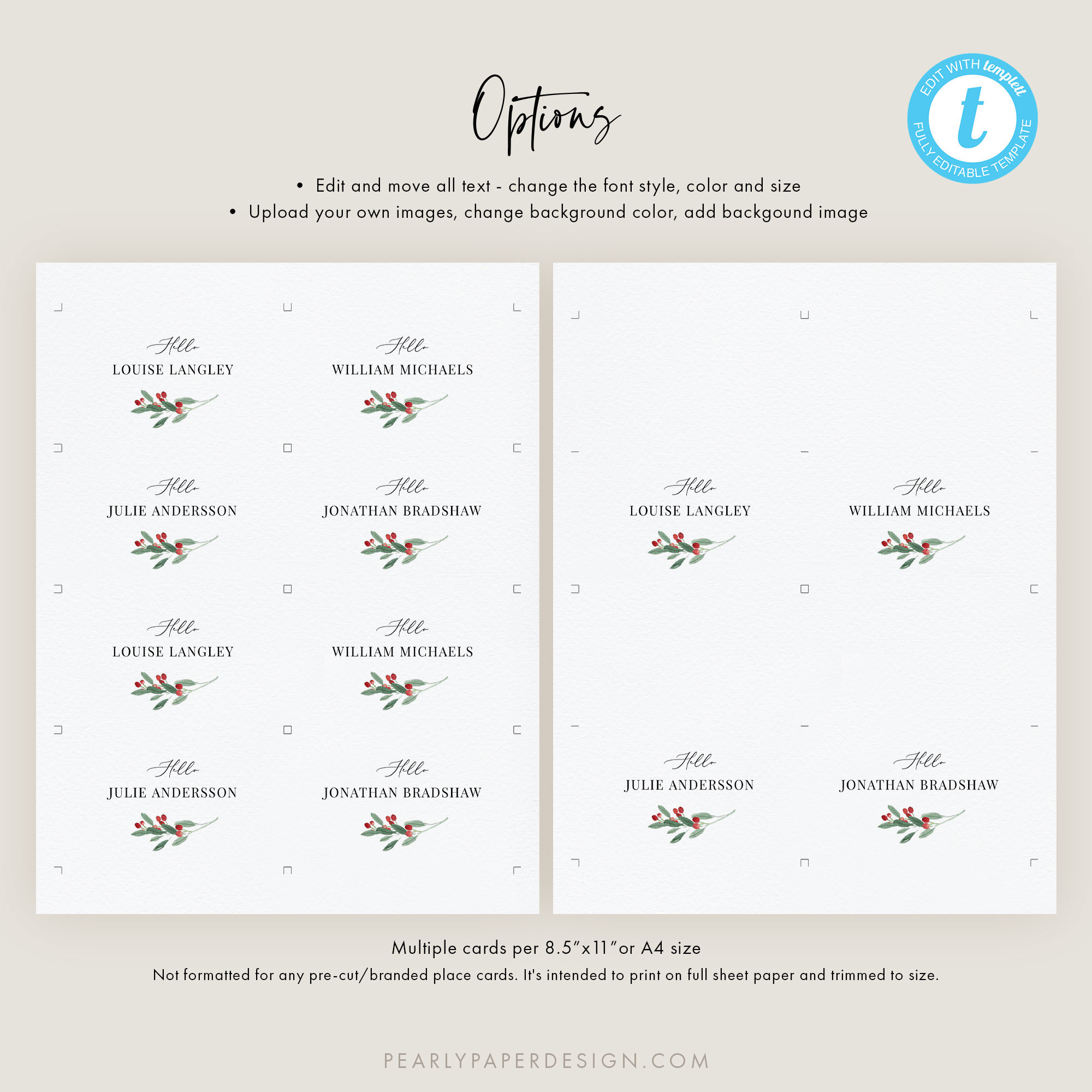 Printable Place Card Template Place Cards Christmas Wedding Place Cards ...