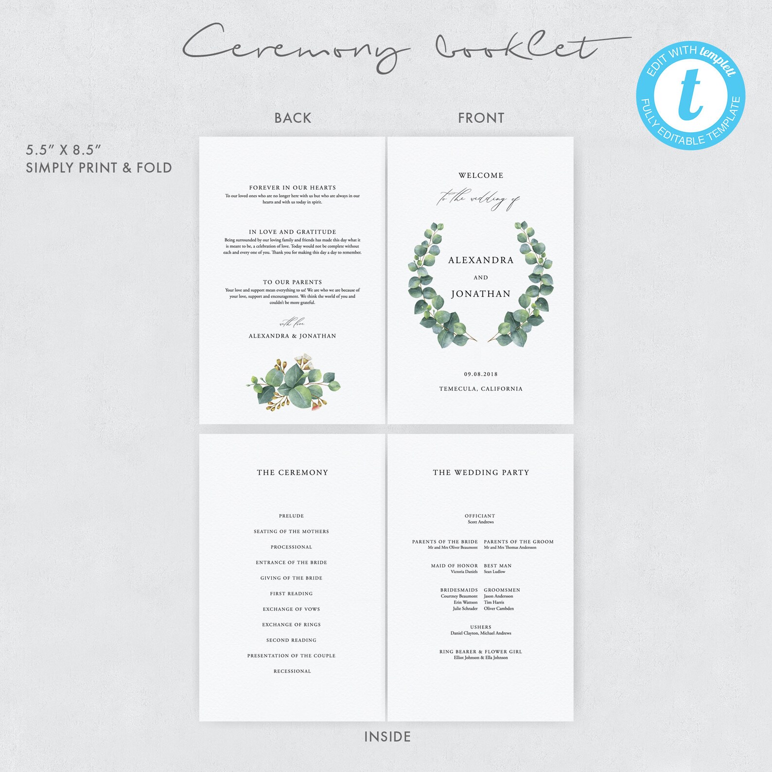 Wedding Ceremony Booklet Template Eucalyptus Editable Order of Service ...