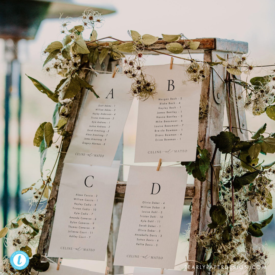 Elegant Seating Chart Cards Template, Alphabetical Seating Plan, Table ...