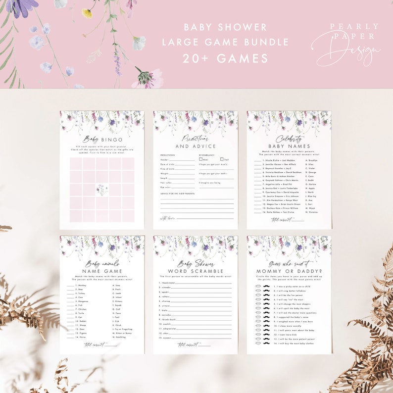 Floral Baby Shower Game Bundle, Wildflower Baby Game Bundle Template ...