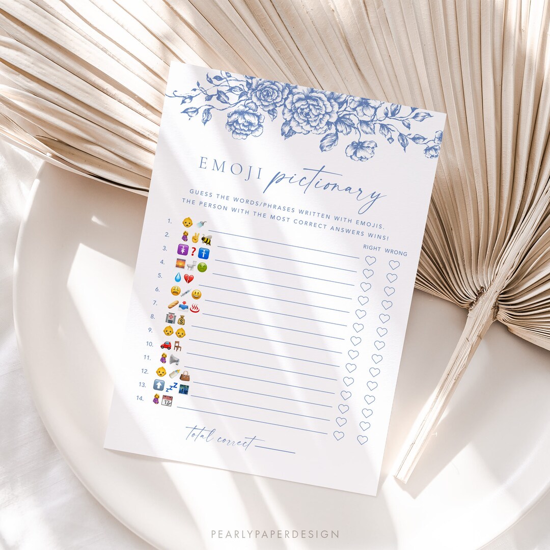 Emoji Pictionary Game Template, Blue Floral Baby Shower Emoji Game ...