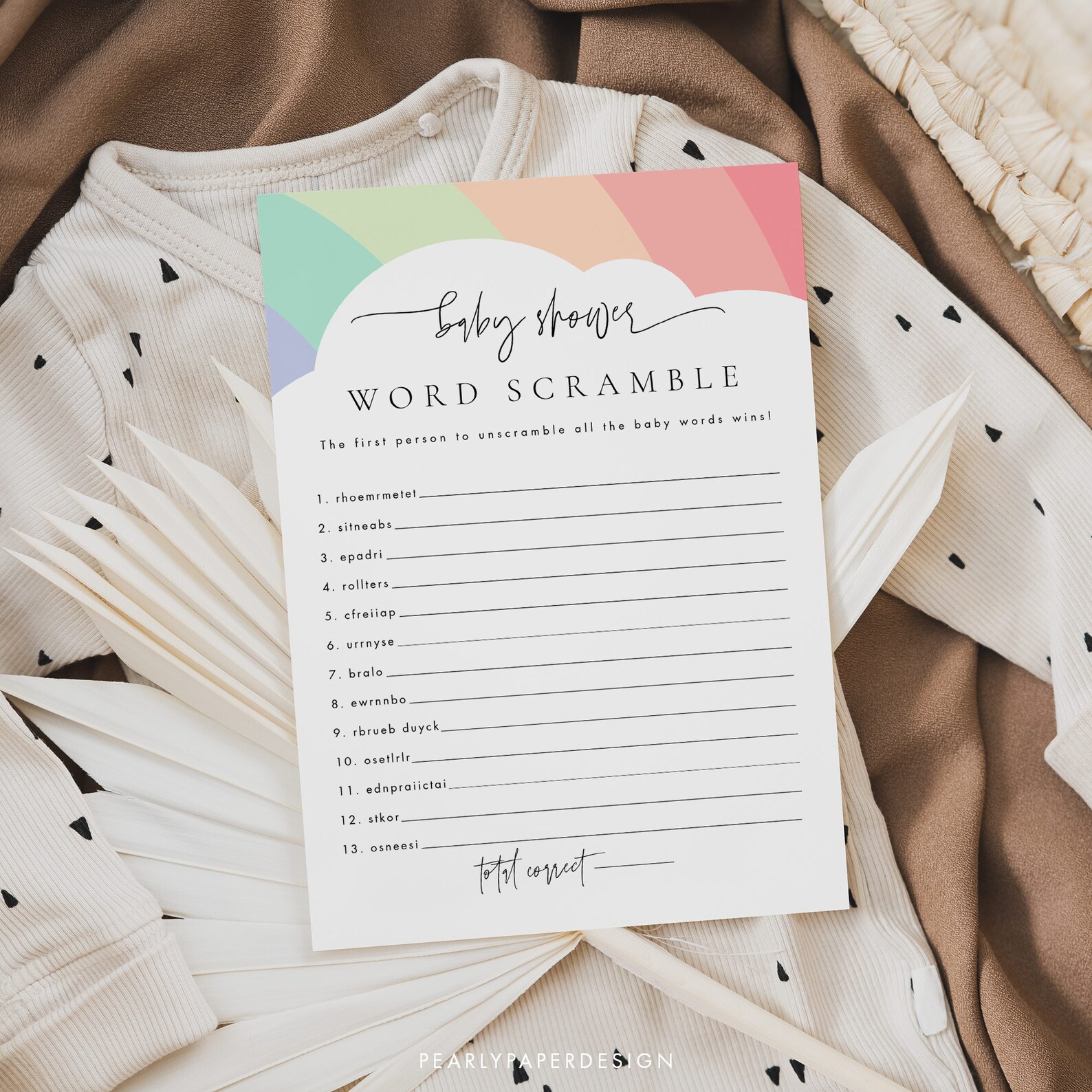 Rainbow Baby Word Scramble Game Template, Boho Baby Shower Word ...