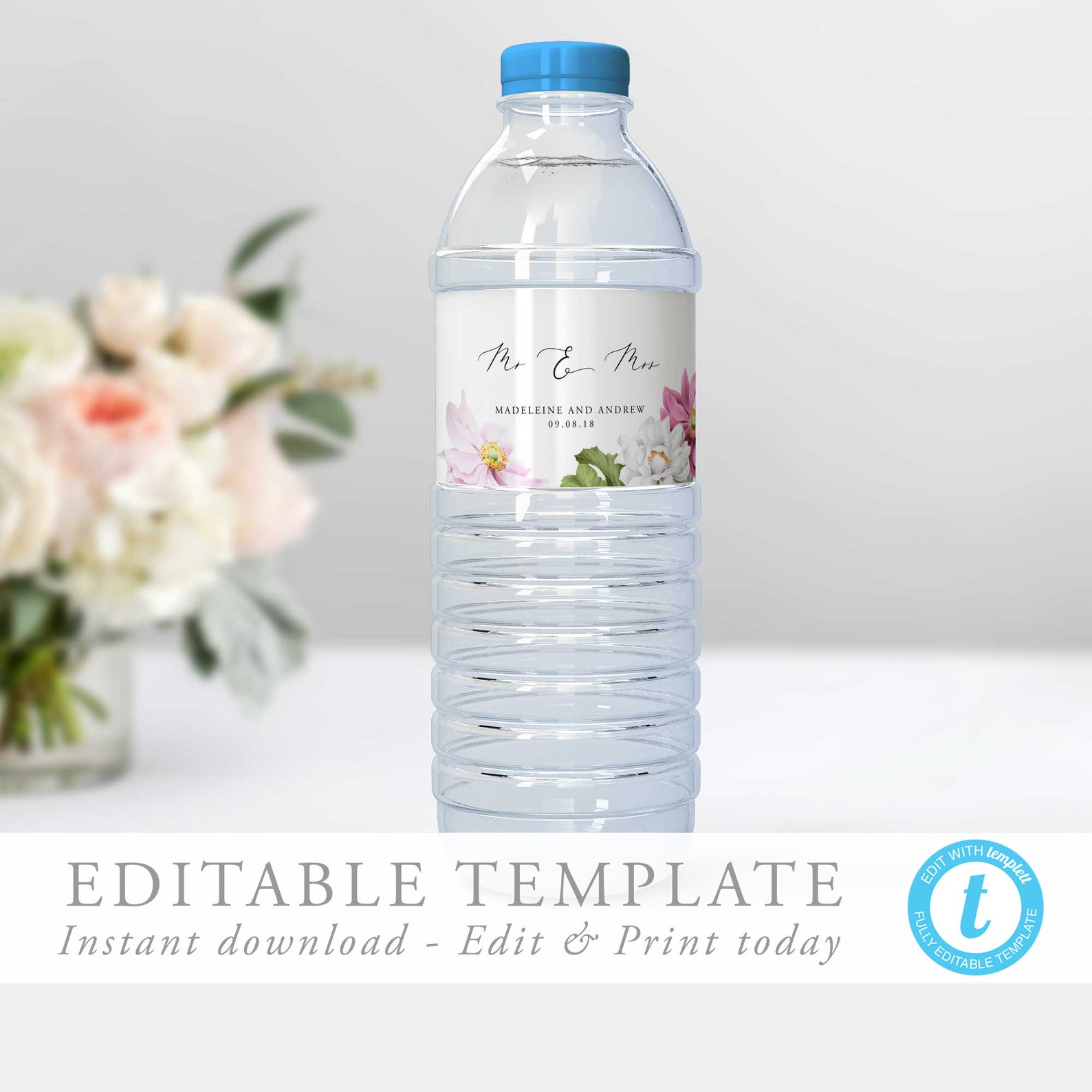 Floral Water Bottle Label Printable Label Template Custom | Etsy
