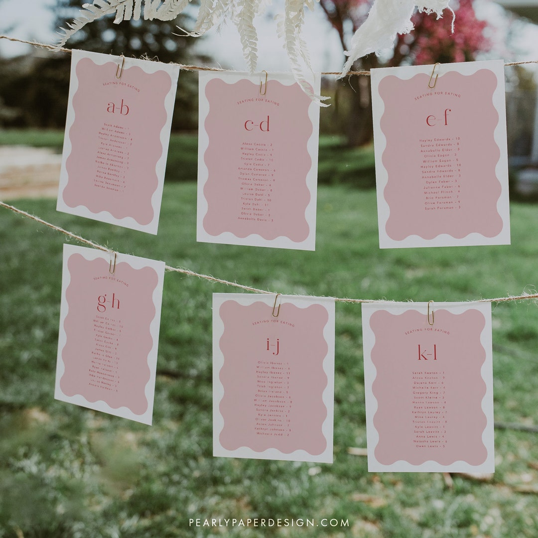 Wave Seating Chart Cards Template, Alphabetical Seating Plan, Retro ...