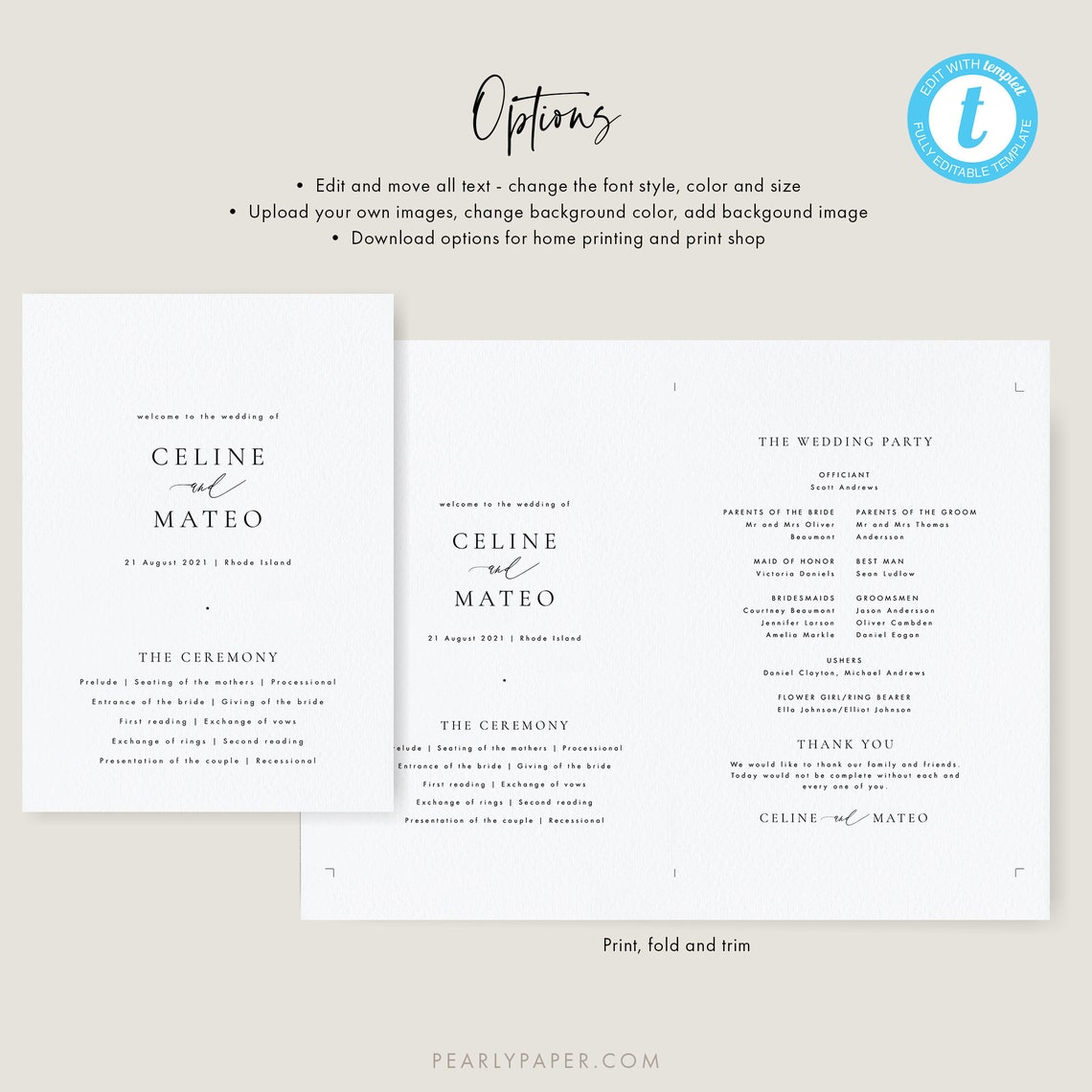 Printable Wedding Ceremony Program Fan Template Simple Modern | Etsy