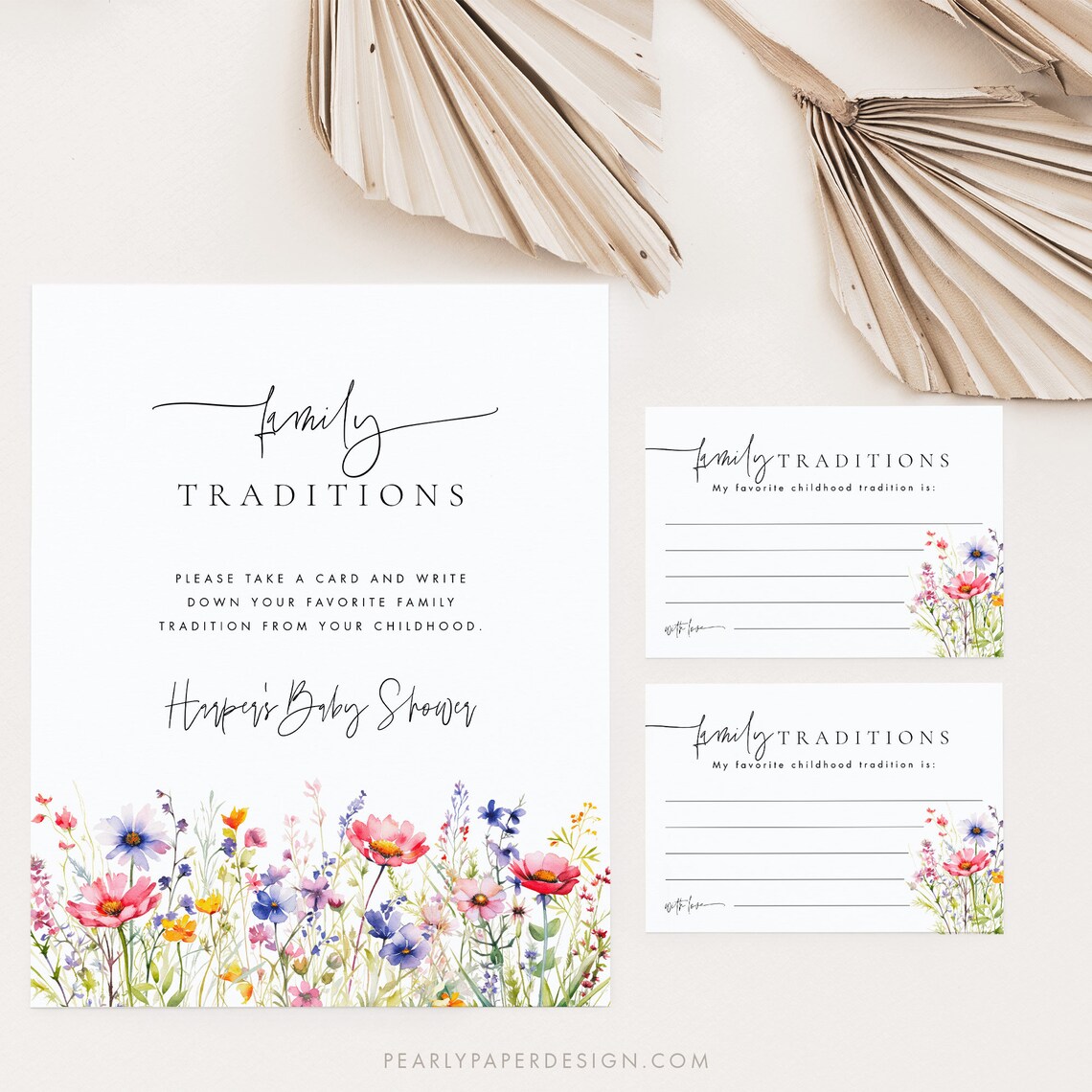 Family Traditions Sign and Card, Floral Shower Game Template ...