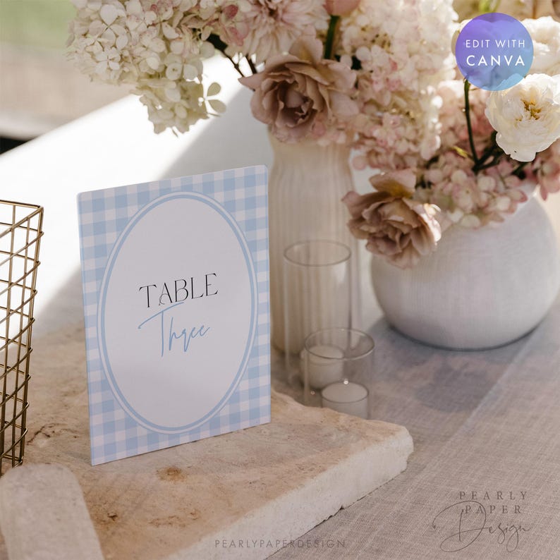 Blue Gingham Table Numbers Template, Blue Plaid Baby Shower Table ...