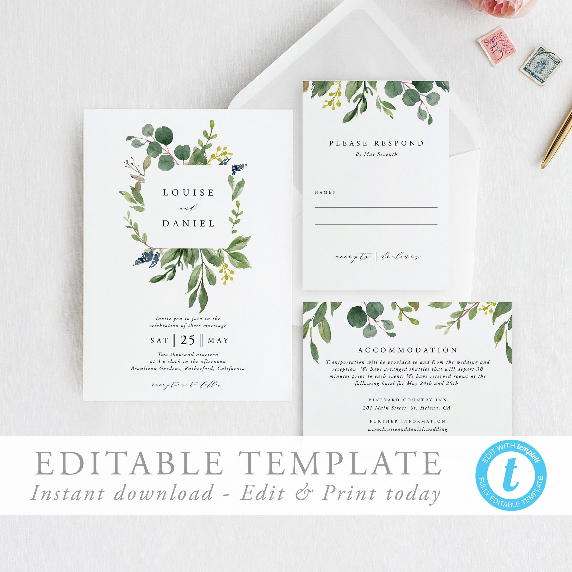 Printable Wedding Invitation Template Editable Wedding Invite Boho ...
