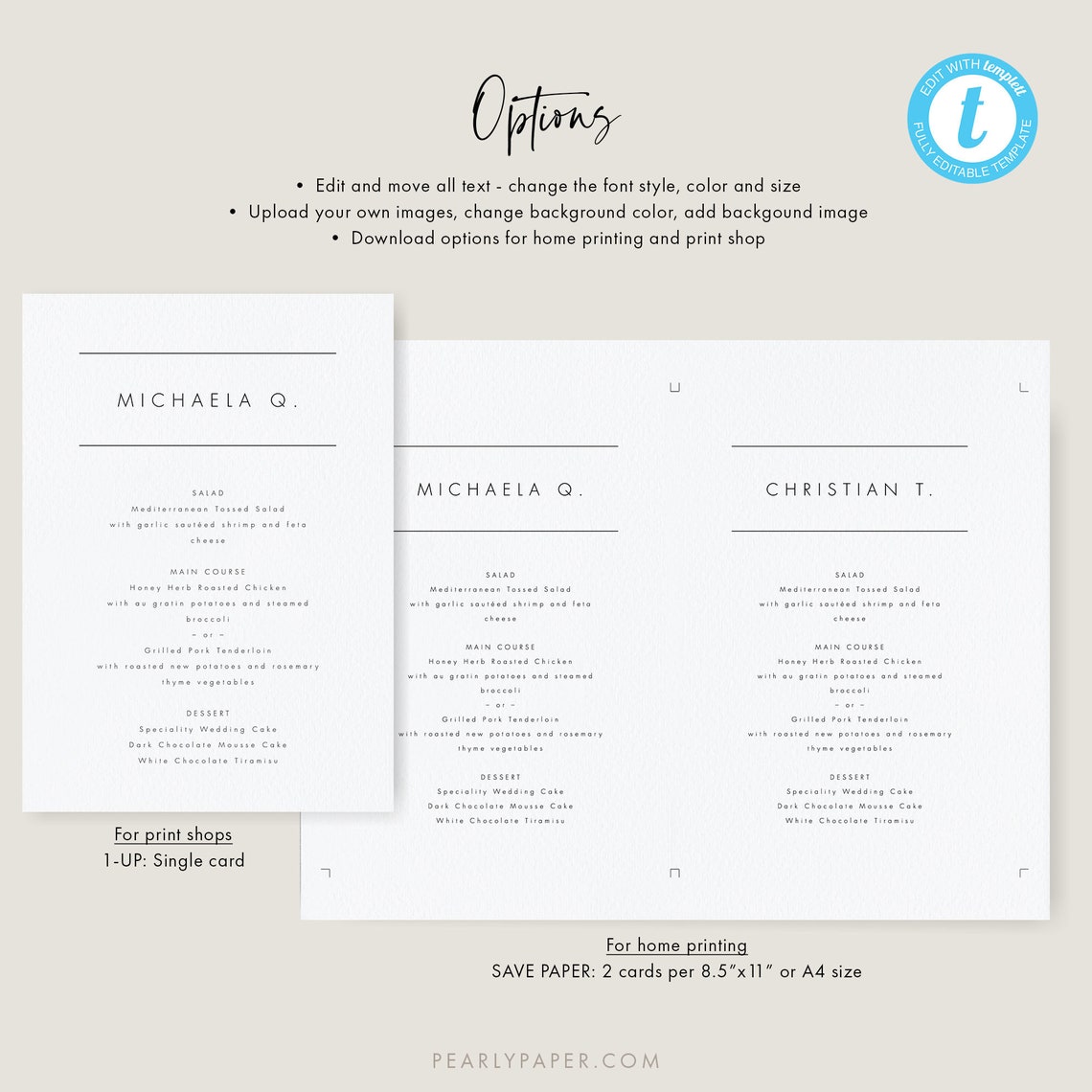Personalized Wedding Menu Place Cards Template Templett - Etsy