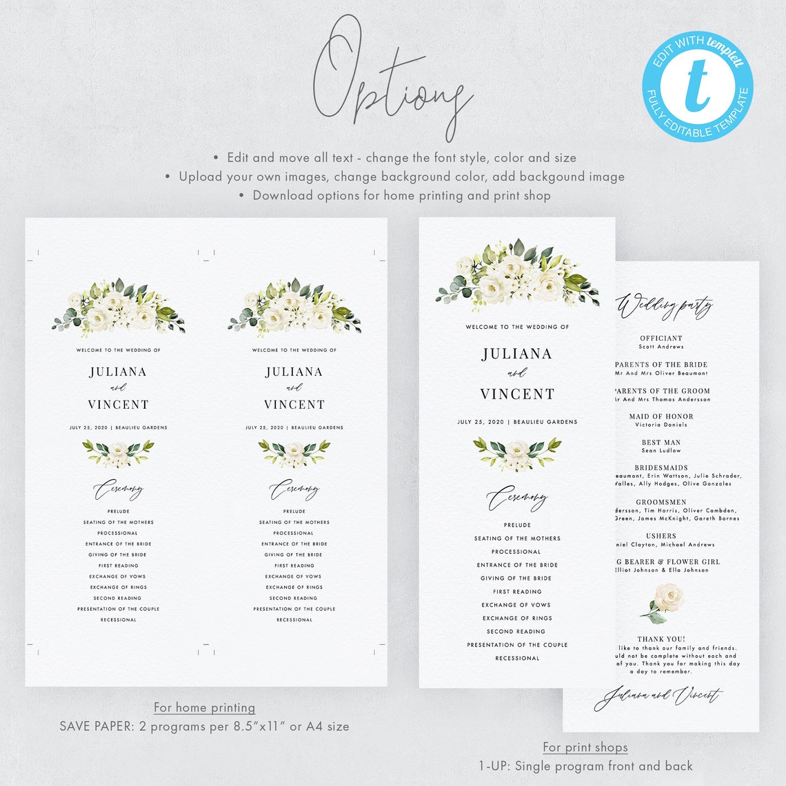 Floral Wedding Ceremony Program Template Rustic Program | Etsy