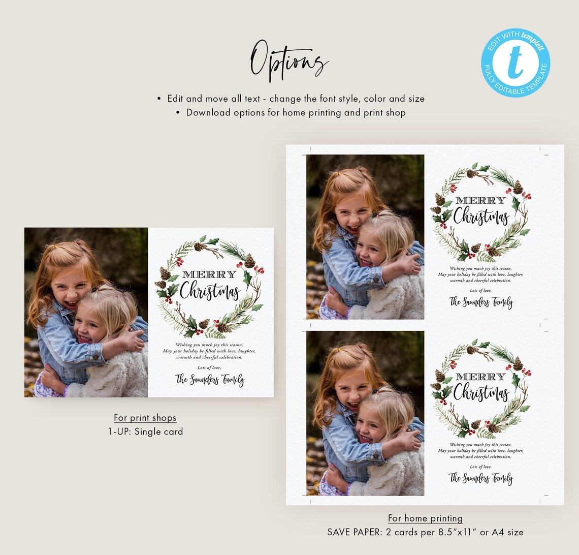 Printable Christmas Card Template, Photo Christmas Card Templett - Etsy