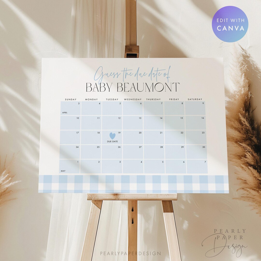 Blue Gingham Due Date Calendar Sign, Boy Baby Shower Calendar Game ...