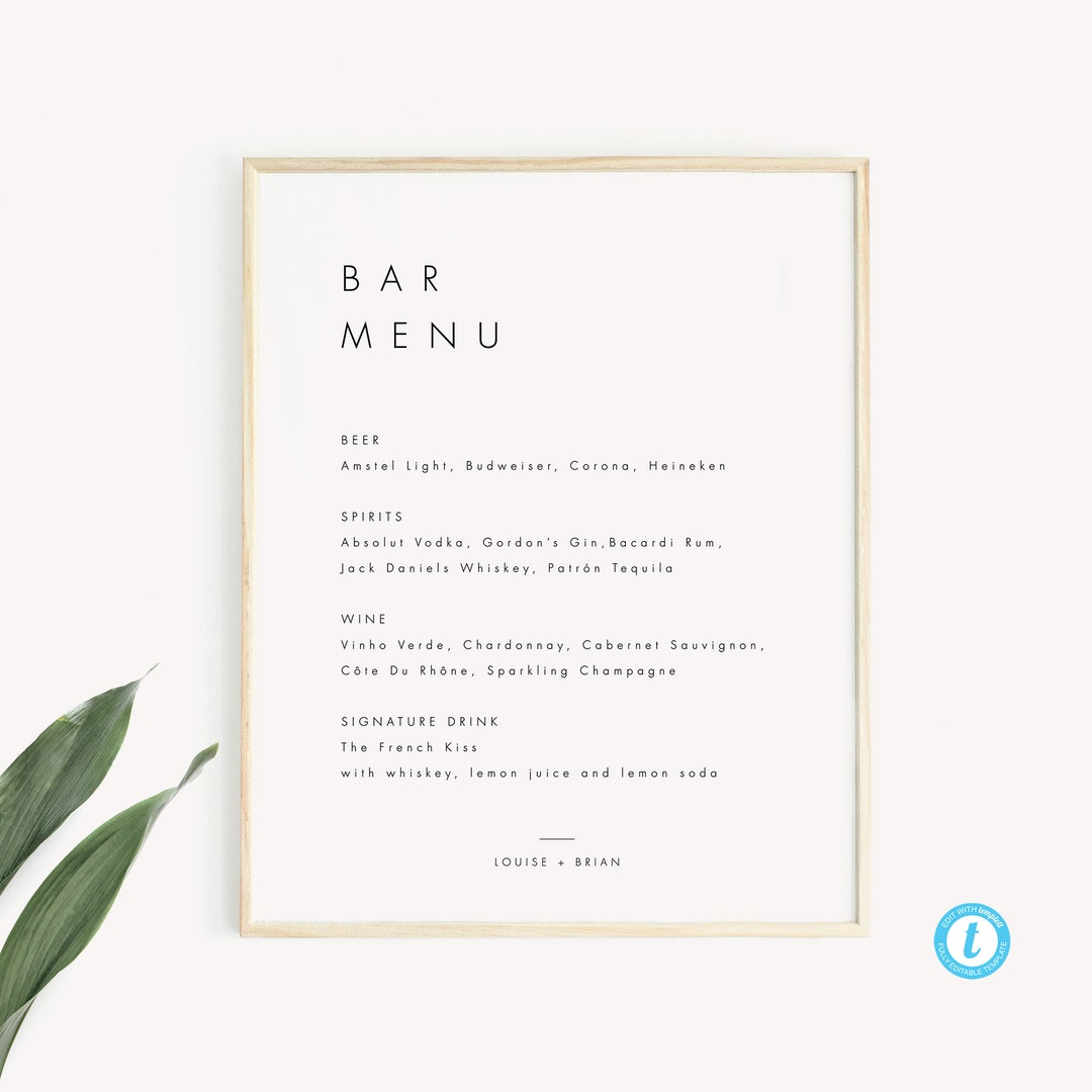 Minimalist Bar Menu Sign Template Templett Minimalist Bar Menu Sign ...