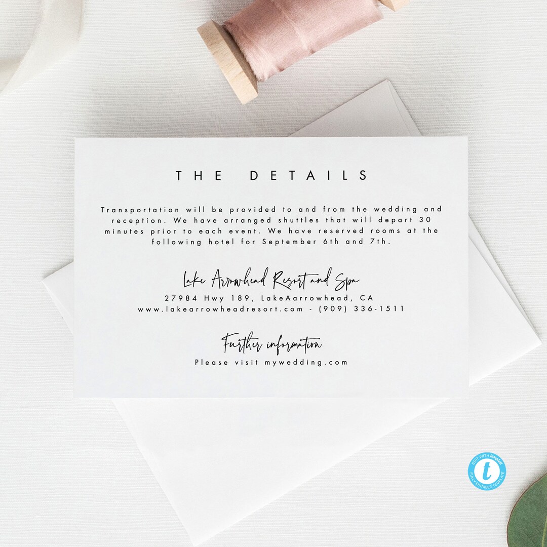 Modern Details Card Template Details Card Wedding Insert Printable ...
