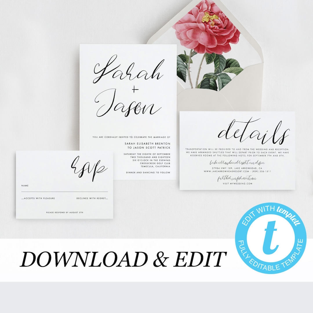 Minimalist Wedding Invitation Set Printable Invitation Template ...