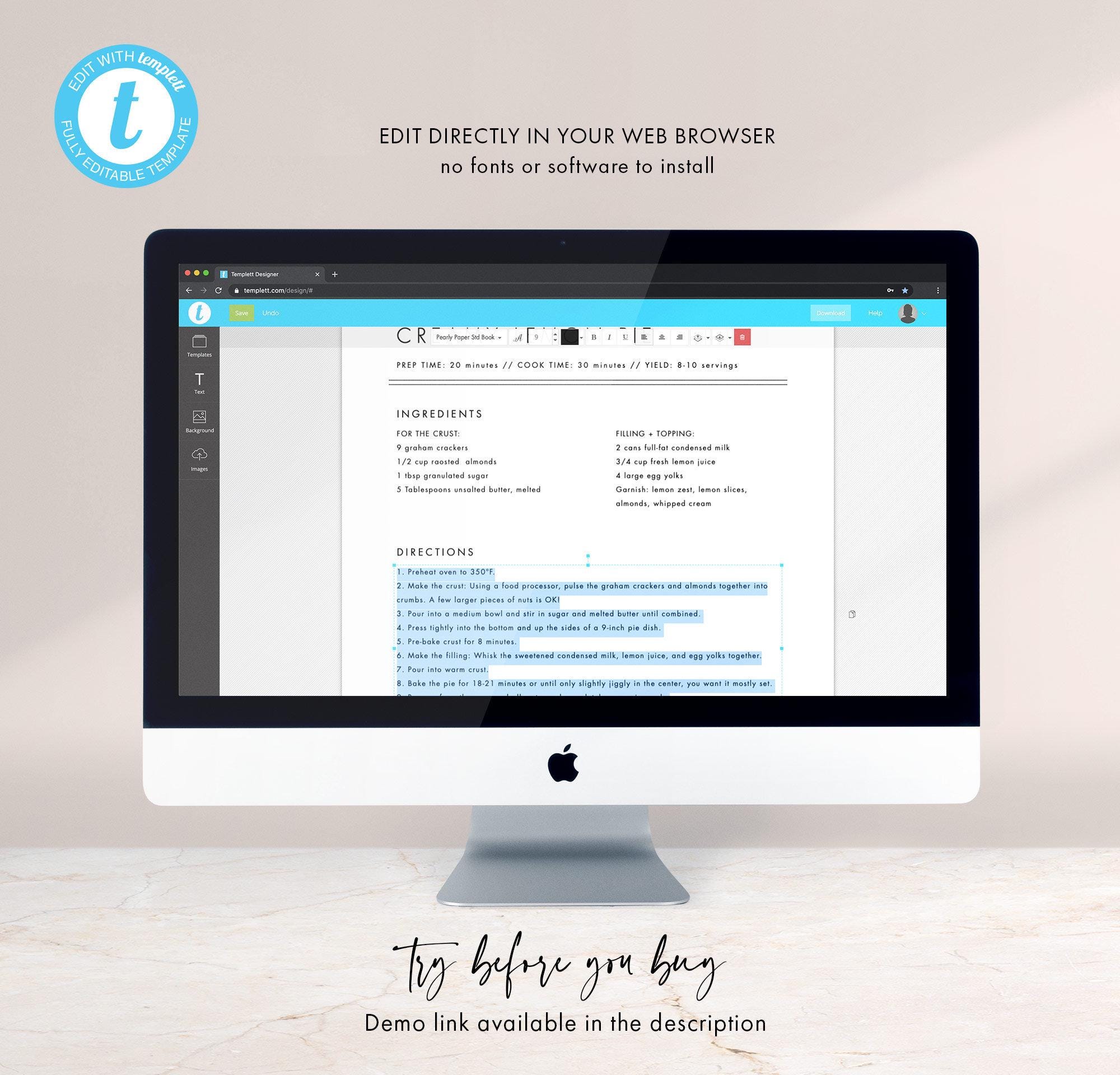 Editable Recipe Template Download Recipe Page Personalized Recipe ...