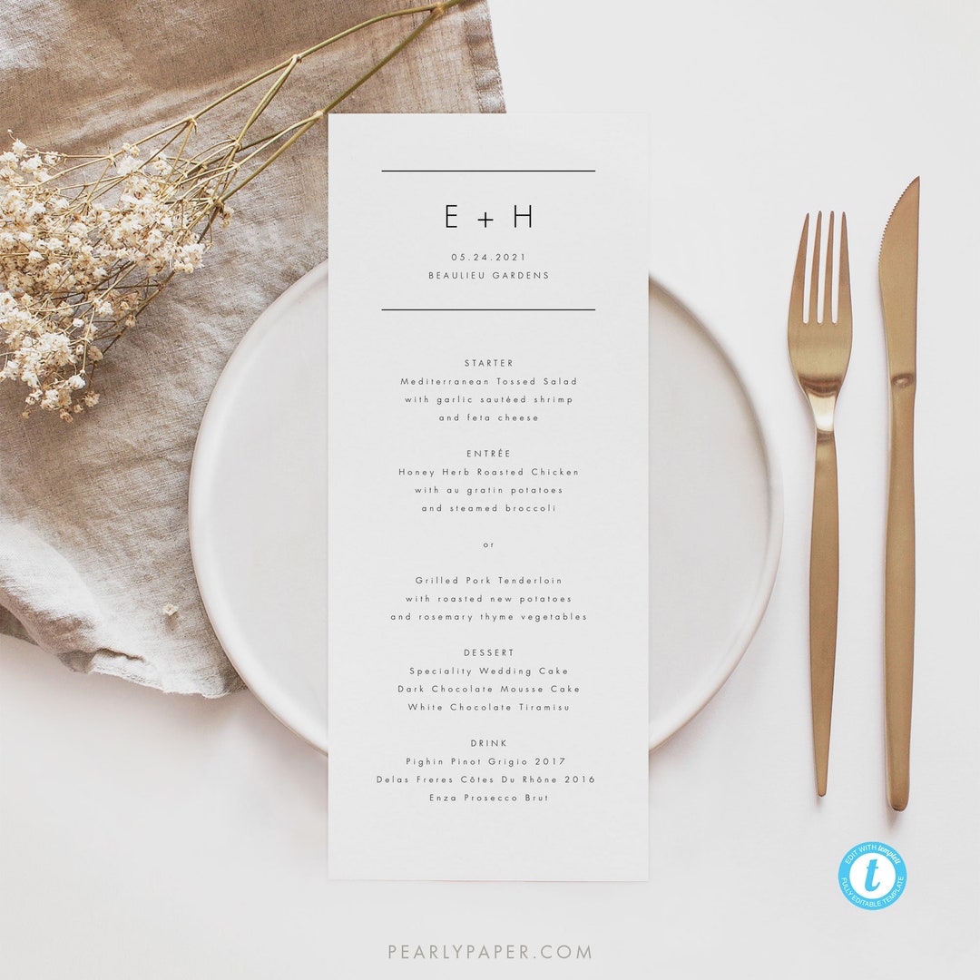 Minimalist Menu Template Download Modern Wedding Menu Simple Menu Cards ...
