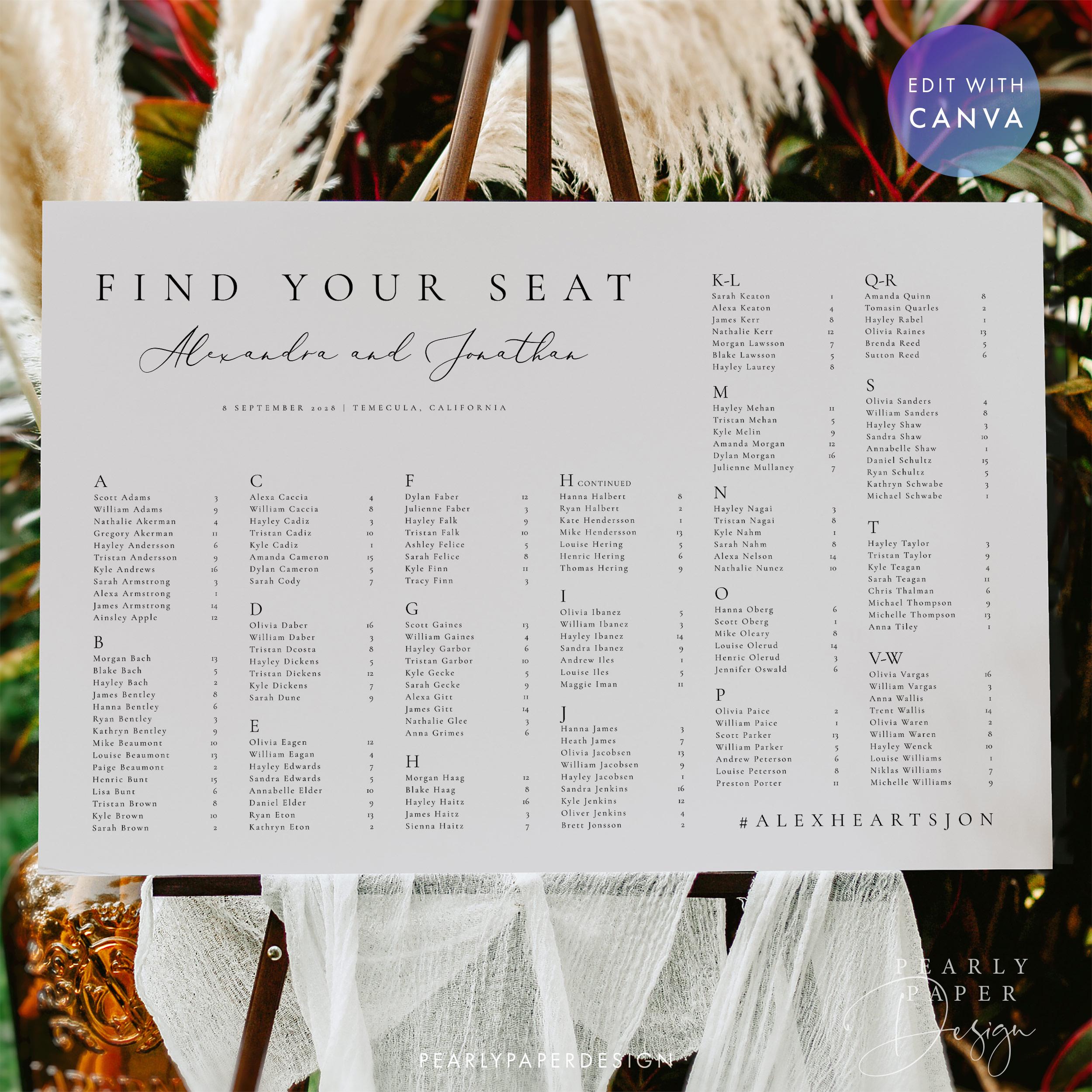 Alphabetical Seating Chart Template, Minimalist Wedding Seating Sign ...