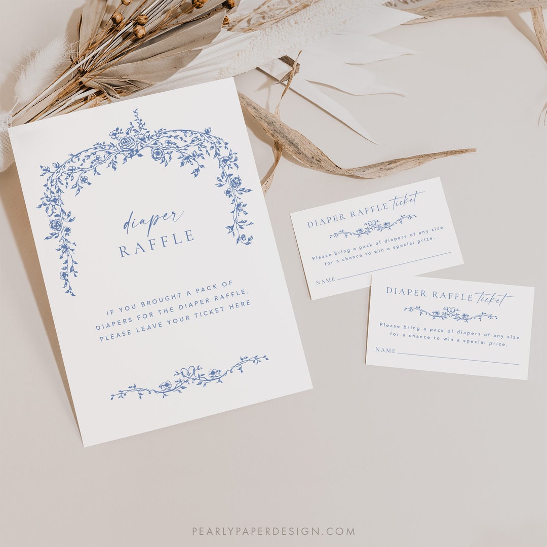 Diaper Raffle Game Template, Blue Floral Baby Shower Game, Toile Baby ...