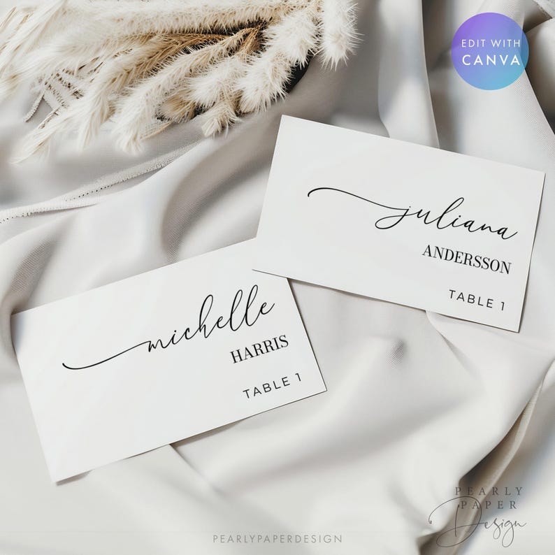 Minimalist Wedding Place Cards Template: Modern Seating, Editable Canva ...