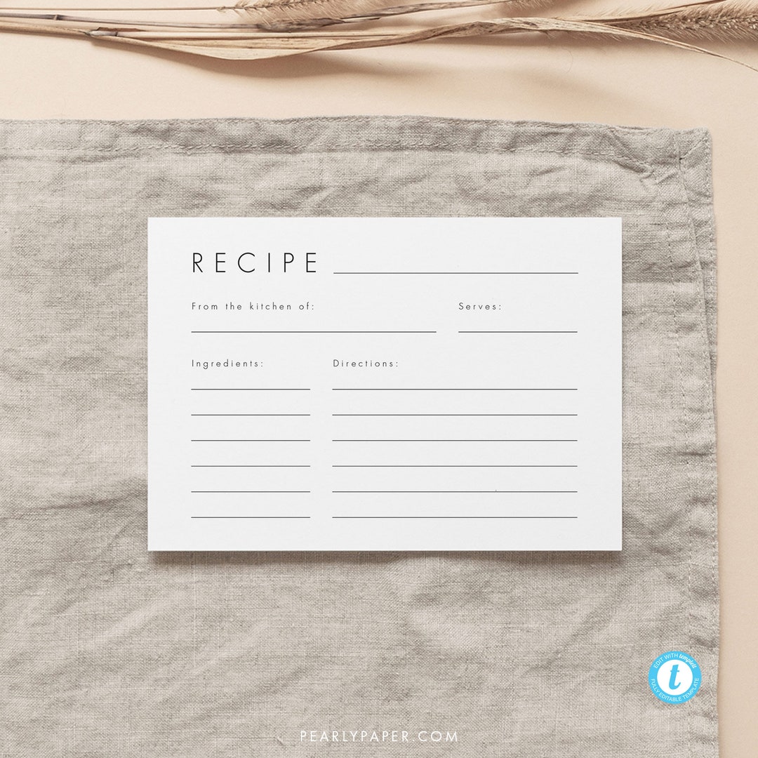 Minimalist Recipe Card Personalized Recipe Template Download Modern ...