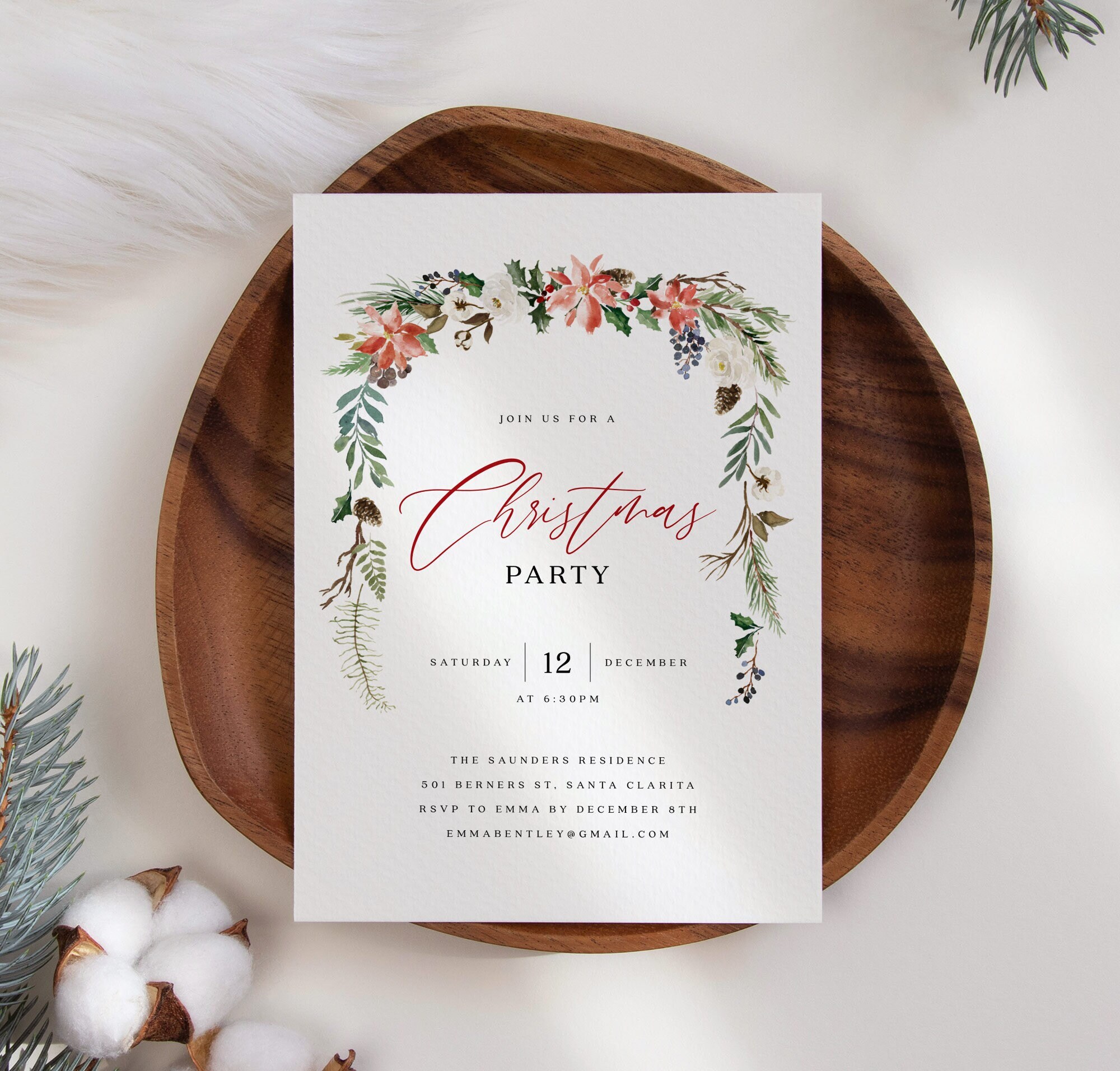 Printable Christmas Invitation Template, Rustic Christmas Party Invite ...