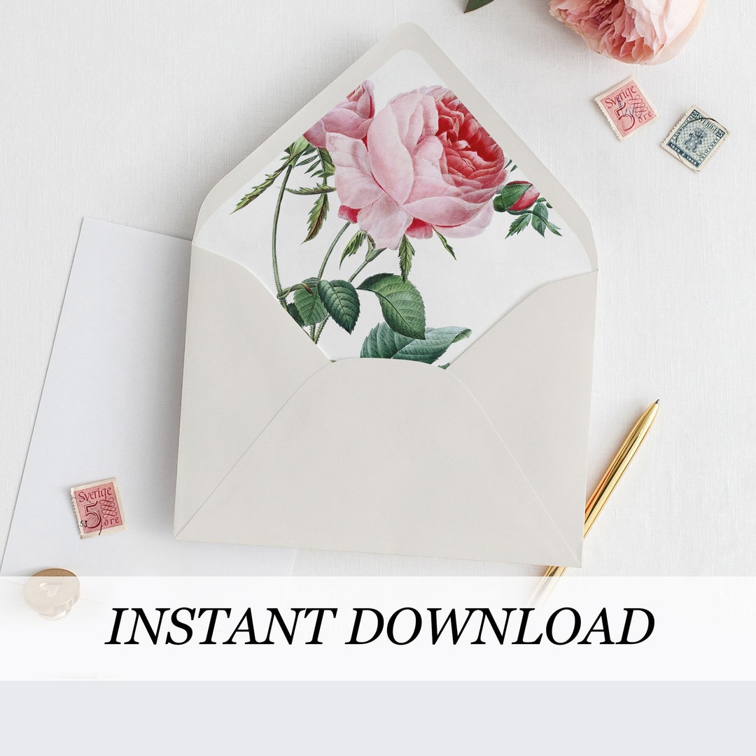 Floral Envelope Liner Template Pink Rose Envelope Liner Rustic Wedding ...