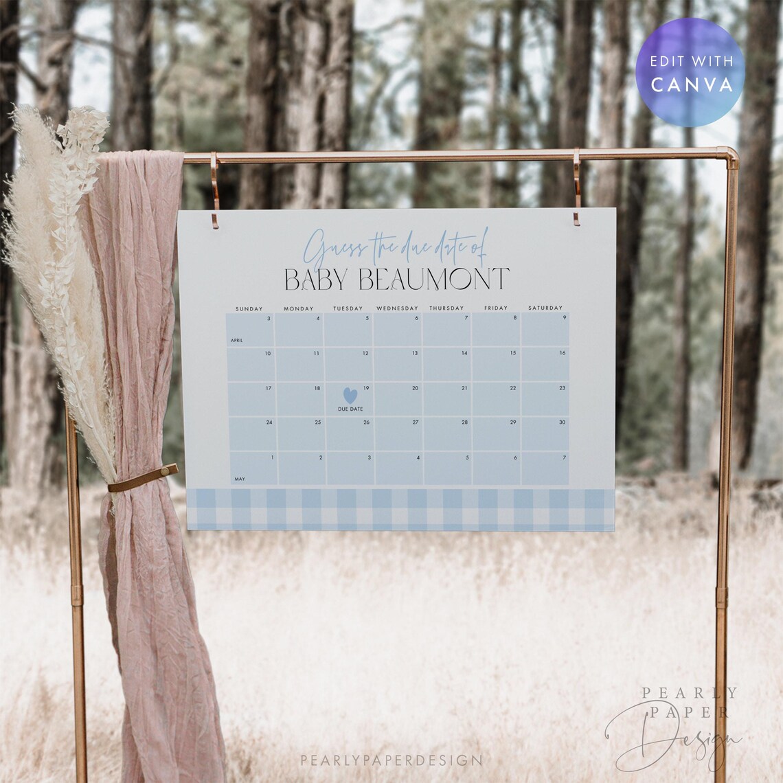 Blue Gingham Due Date Calendar Sign, Boy Baby Shower Calendar Game ...