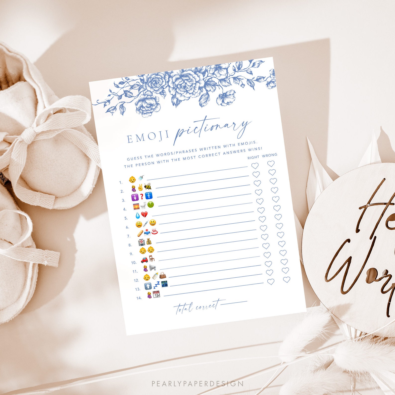 Emoji Pictionary Game Template, Blue Floral Baby Shower Emoji Game ...