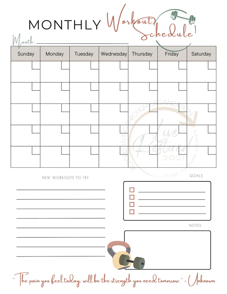 Monthly Fitness Schedule Printable, Instant Download, Digital, Gym ...