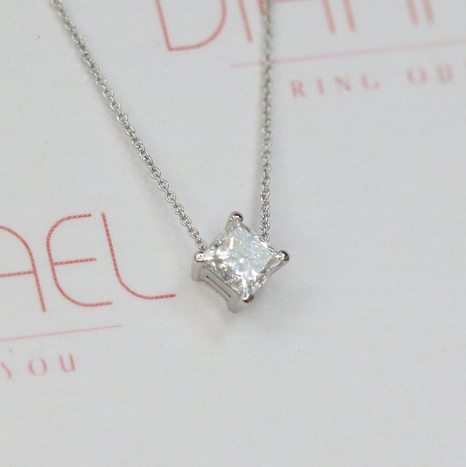 Floating Princess Cut Diamond Necklace 14K White Gold - Etsy