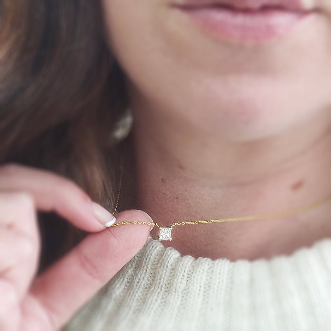 Princess Cut Necklace, Genuine Princess Diamond Necklace, 16" Necklace ...