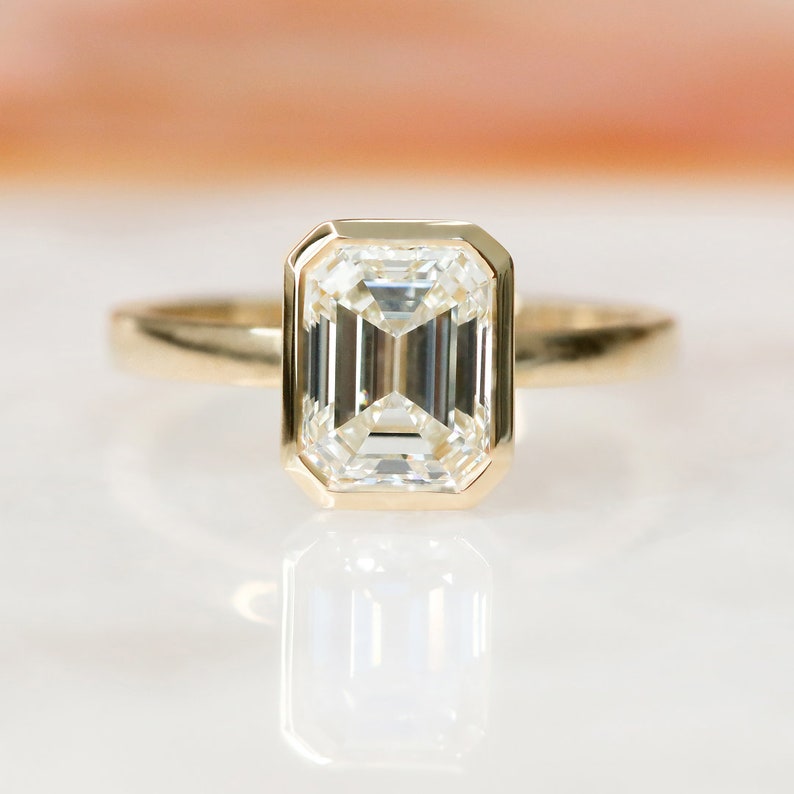 Emerald Cut Engagement Ring, Bezel Diamond Engagement Ring, 2 Carats ...