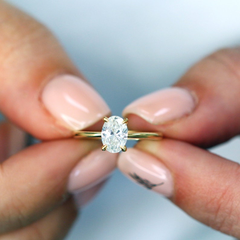 Thin Band Oval Diamond Engagement Ring Genuine Natural | Etsy